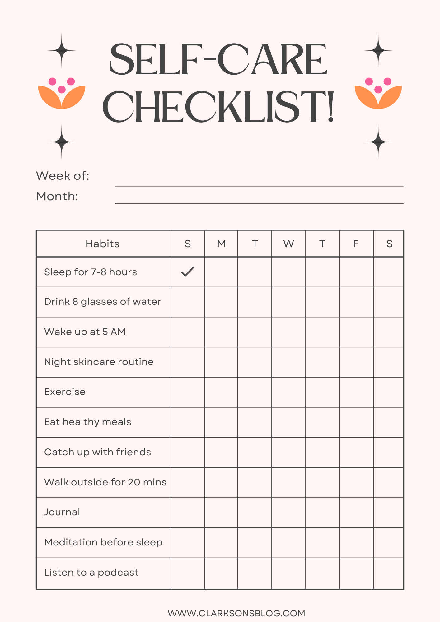Self-care checklist planner - Clarkson